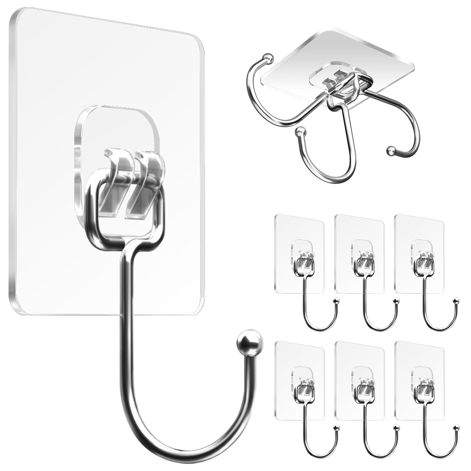 Large Adhesive Hooks for Hanging Heavy Duty Wall Hooks 22 lbs Self Adhesive Towel Waterproof Transparent for Bags Bathroom Shower Outdoor Kitchen Cups Door Coat Sticky Hooks (Transparent, 8pcs)