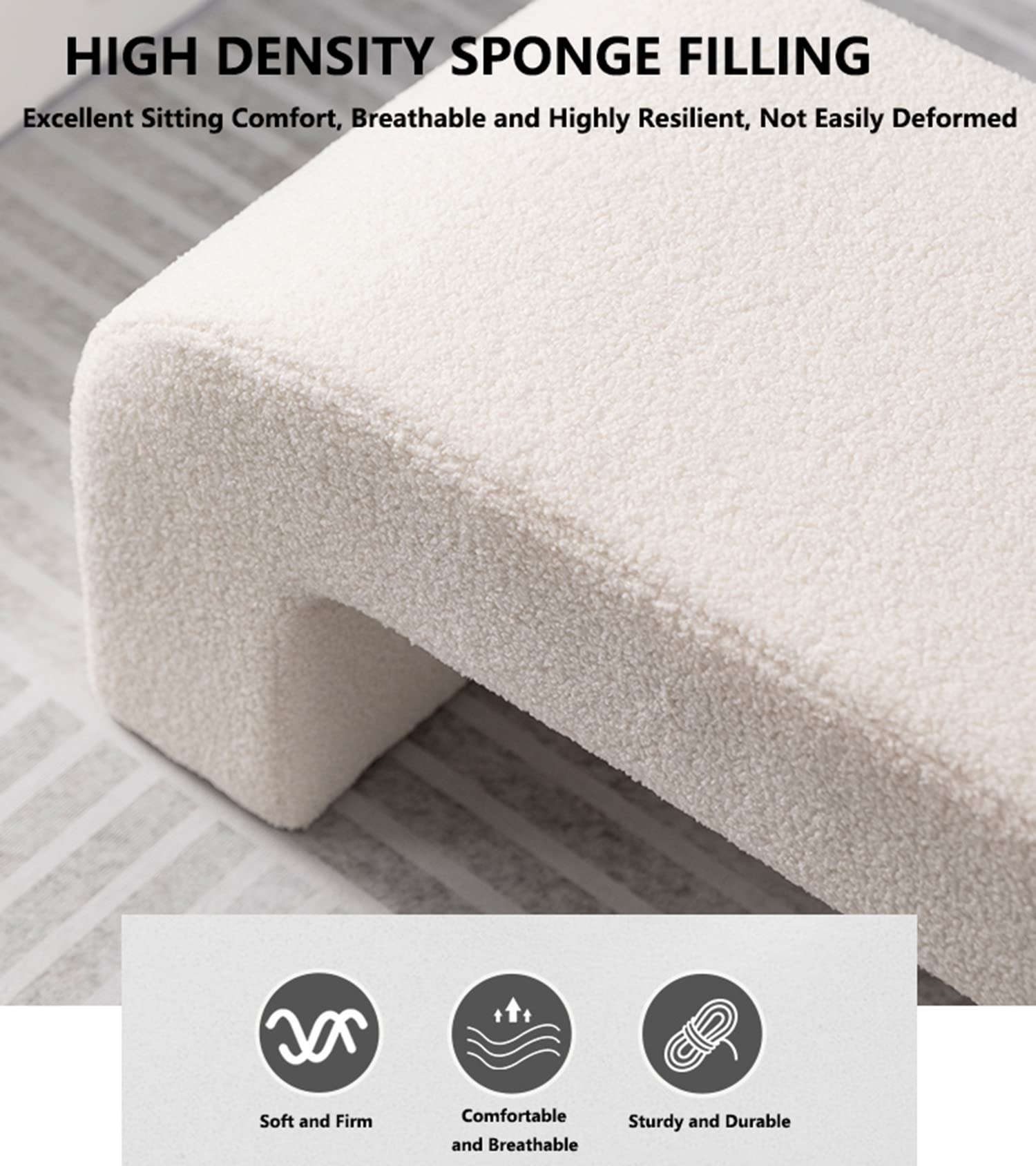 AUQMTAIN Modern Fuzzy Sherpa Upholstered Ottoman Bench, Entryway Bench, End Bed Bench, Footrest for Bedroom, Living Room, End of Bed, Hallway (47.2")