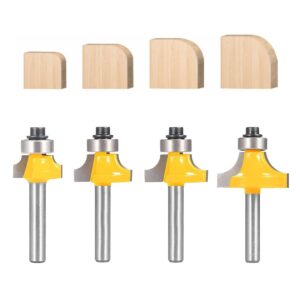 totowood roundover router bit set，4pcs router bit set，1/4 inch shank，radius in 1/8", 1/4", 3/16", 5/16"，bearing guide for rounding edge bit