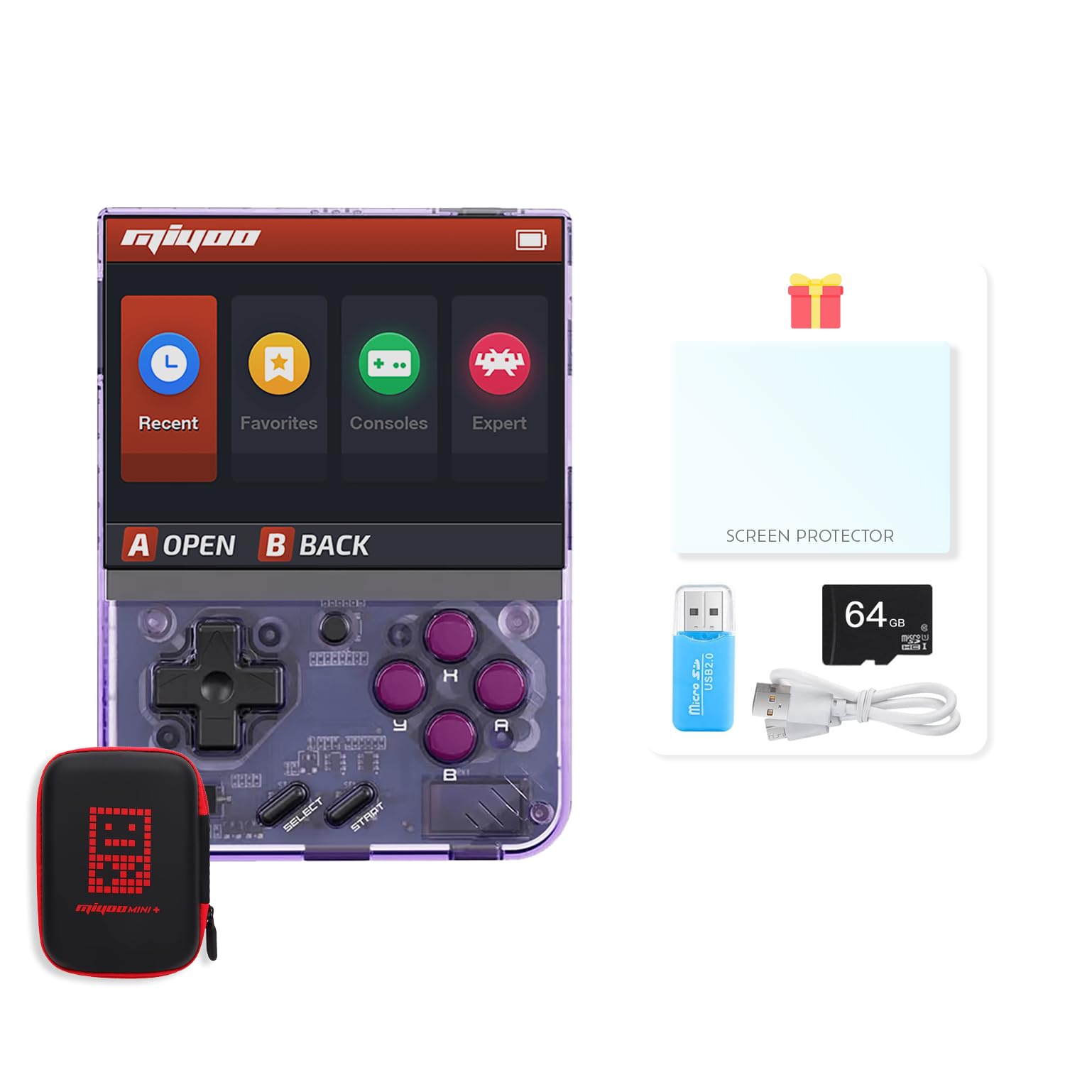 Miyoo Mini Plus+ Handheld Gaming Console 3.5" IPS Screen for The Best Classic Console with 5000+ Games Included, Storage Case, 64G TF Card and WiFi Support [Purple]