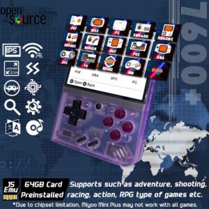 Miyoo Mini Plus+ Handheld Gaming Console 3.5" IPS Screen for The Best Classic Console with 5000+ Games Included, Storage Case, 64G TF Card and WiFi Support [Purple]