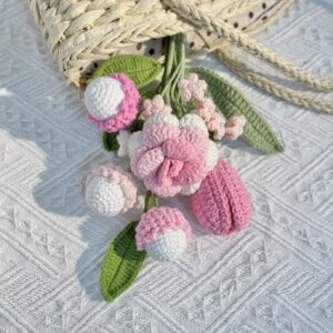 JOMODECOR Handmade Crochet Peony Lychee Bouquet, Knitted Mixed Artificial Forever Flowers with Exquisite Wrap, Gift to Girlfriend Mom Women, Perfect for Valentines, Home Decor, Celebration