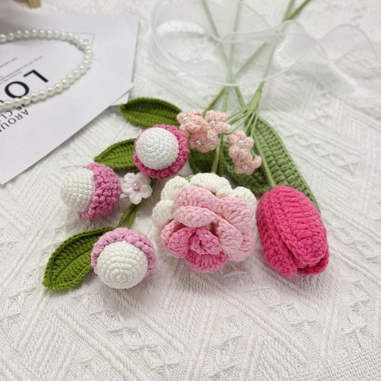 JOMODECOR Handmade Crochet Peony Lychee Bouquet, Knitted Mixed Artificial Forever Flowers with Exquisite Wrap, Gift to Girlfriend Mom Women, Perfect for Valentines, Home Decor, Celebration