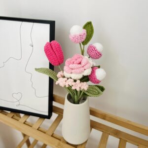 JOMODECOR Handmade Crochet Peony Lychee Bouquet, Knitted Mixed Artificial Forever Flowers with Exquisite Wrap, Gift to Girlfriend Mom Women, Perfect for Valentines, Home Decor, Celebration