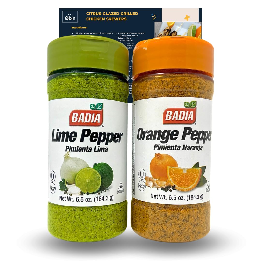 Badia Lime & Orange Citrus Pepper Bundle - Lime Pepper and Orange Pepper Seasoning Set - 6.5 Oz Each - Qbin Recipe Card - Premium Handcrafted Blends with Tangy Lemon Zest and Fragrant Orange Essence - Elevate Your Dishes with Vibrant Flavors - Perfect for