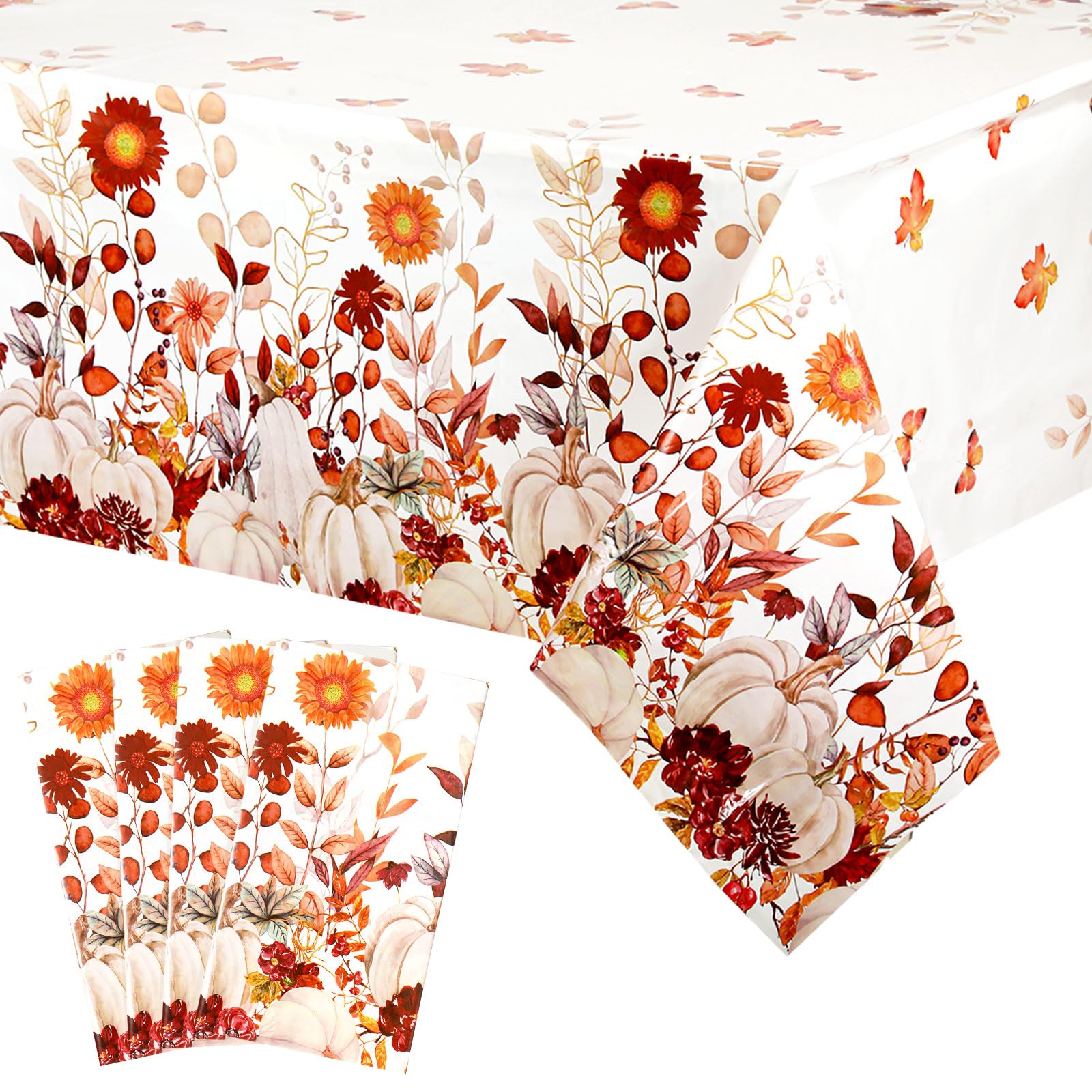 Newwiee 4 Pcs Thanksgiving Tablecloth Fall Pumpkin Plastic Tablecloths Maple Floral Fall Table Cloth Disposable Rectangle Fall Plastic Table Cover for Autumn Harvest Party, 54 x 108 Inch