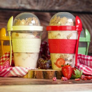 Salda 4 Pack 20 oz Breakfast On the Go Cups, Take and Go Yogurt Cup with Topping Cereal Cup with spoon, Overnight Oats or Oatmeal Container Jar, Colorful Set of 4