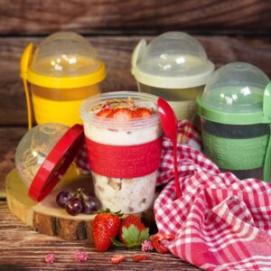 Salda 4 Pack 20 oz Breakfast On the Go Cups, Take and Go Yogurt Cup with Topping Cereal Cup with spoon, Overnight Oats or Oatmeal Container Jar, Colorful Set of 4