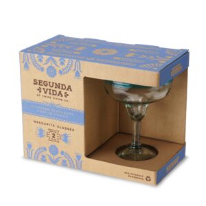 Segunda Vida Primavera Stemmed Margarita Glasses - Blue Rim Margarita Glass Set Made in Mexico - 100% Recycled Glass 10oz Set of 2