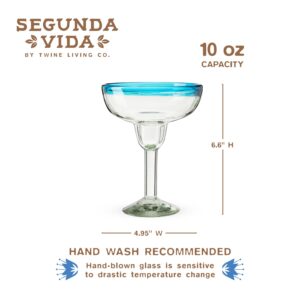 Segunda Vida Primavera Stemmed Margarita Glasses - Blue Rim Margarita Glass Set Made in Mexico - 100% Recycled Glass 10oz Set of 2