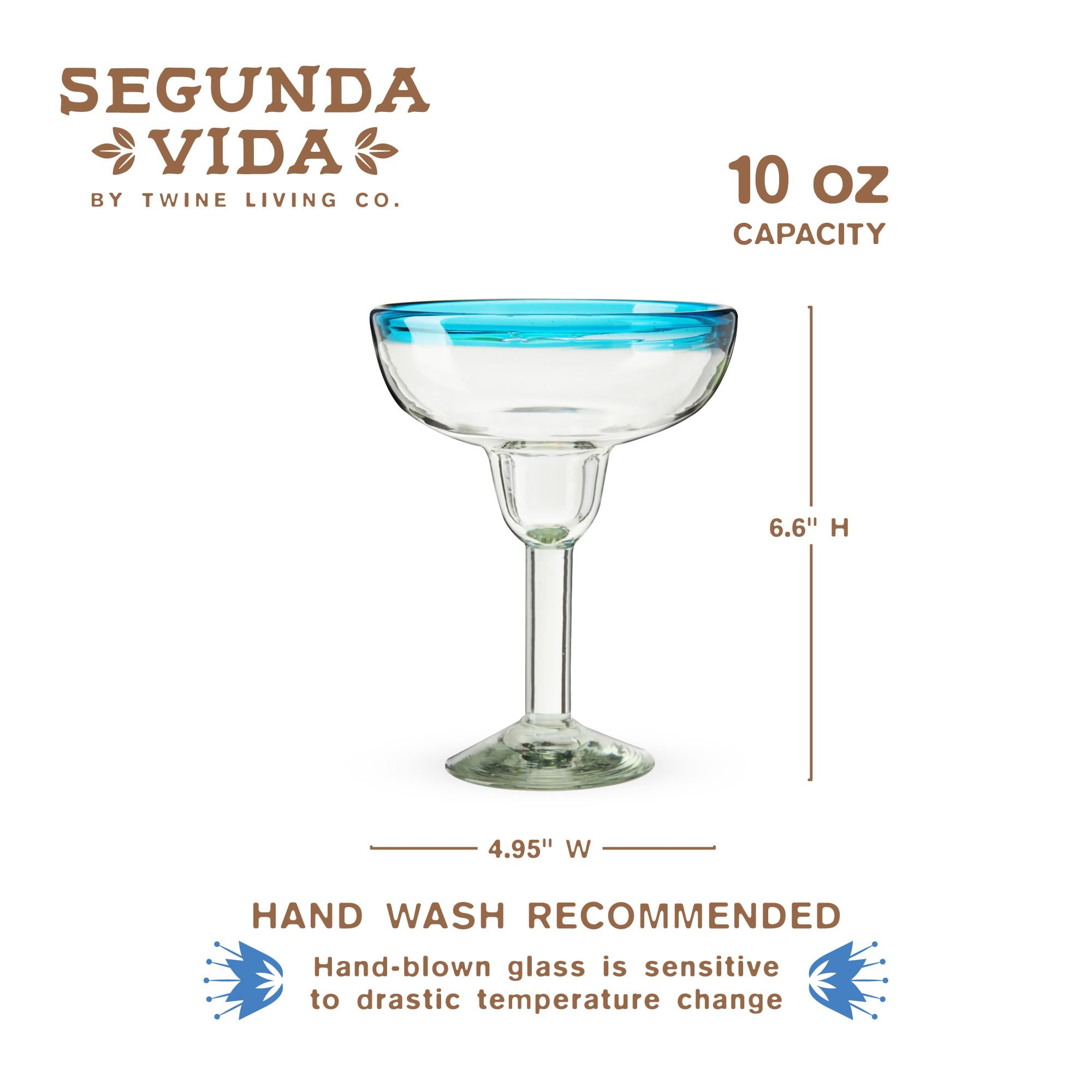 Segunda Vida Primavera Stemmed Margarita Glasses - Blue Rim Margarita Glass Set Made in Mexico - 100% Recycled Glass 10oz Set of 2