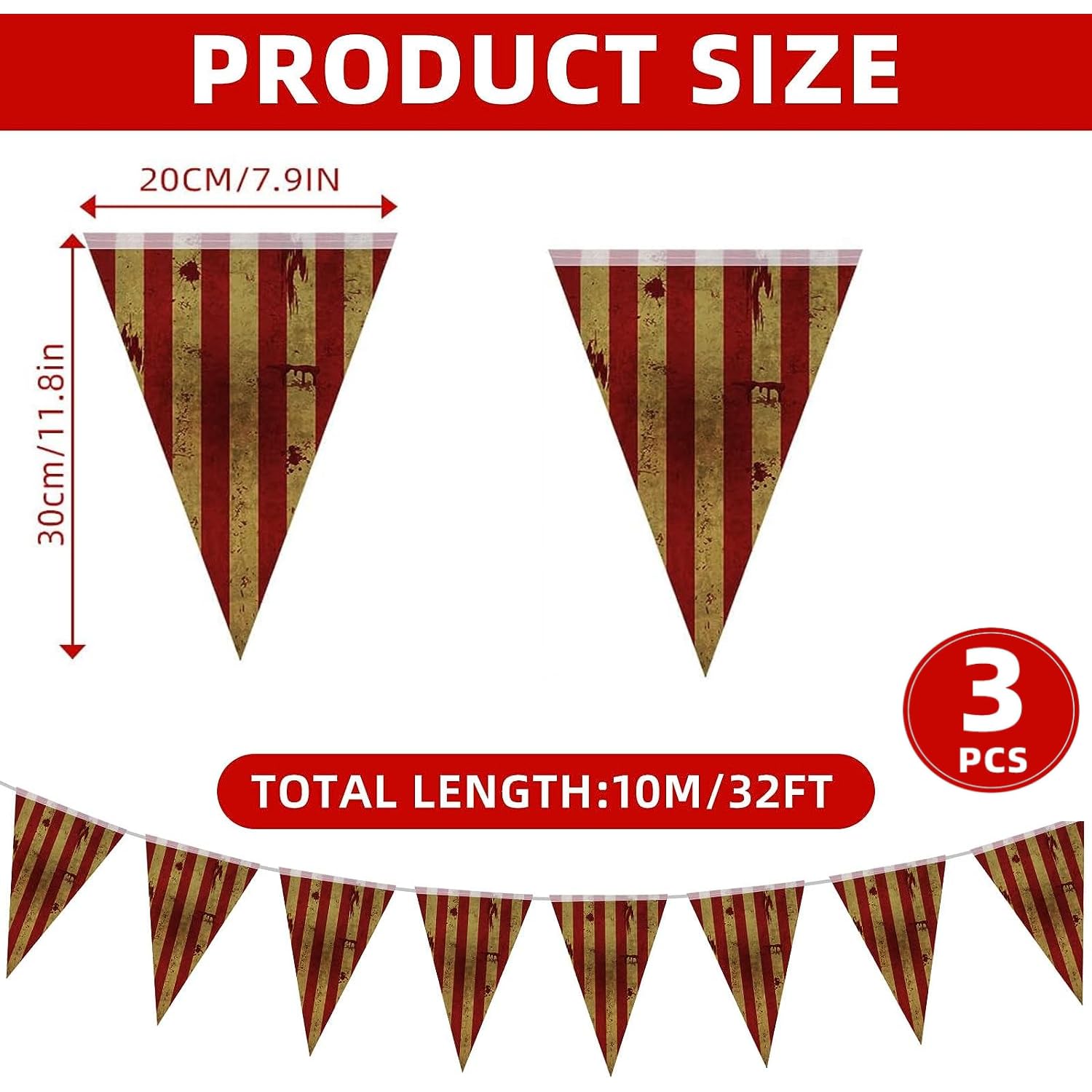 Newwiee 6 Pcs Creepy Carnival Decorations Sets 3 Halloween Bloody Circus Backdrop and 3 Banner Waterproof Red and White Striped Tablecloth Halloween Striped Pennant Banner Horror Triangle Bunting Flag