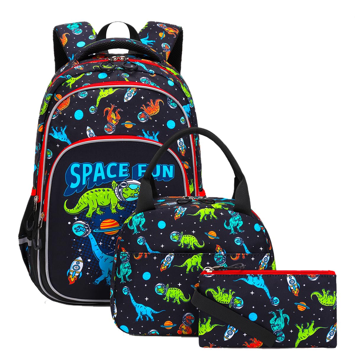 Dorlubel Lightweight Dinosaur Backpack for Boys School Bag with Insulated Lunch Tote & Pencil Case Preschool Kindergarten Elementary Book Bag Set(Black Space Dino Set)