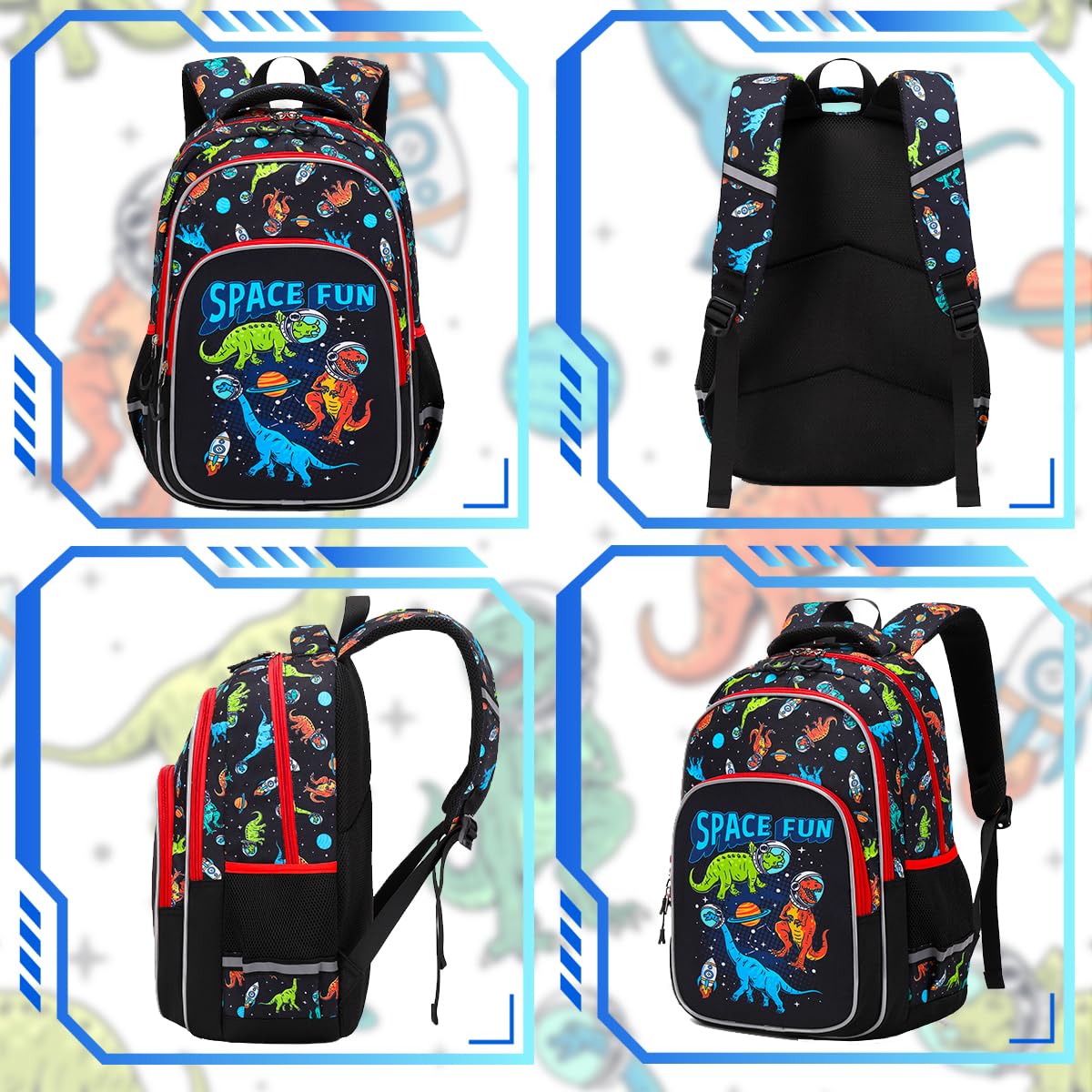 Dorlubel Lightweight Dinosaur Backpack for Boys School Bag with Insulated Lunch Tote & Pencil Case Preschool Kindergarten Elementary Book Bag Set(Black Space Dino Set)