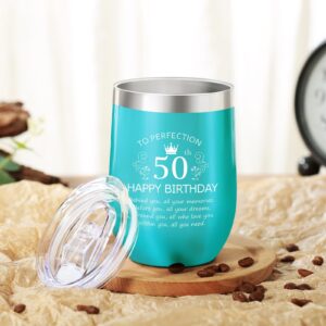 Cayourian 50th Birthday Gifts for Women, Happy 50th Birthday Decorations for Her Wife Mom Friends Coworkers BFF -12 Oz Stainless Steel Wine Tumbler with Lid (Mint)