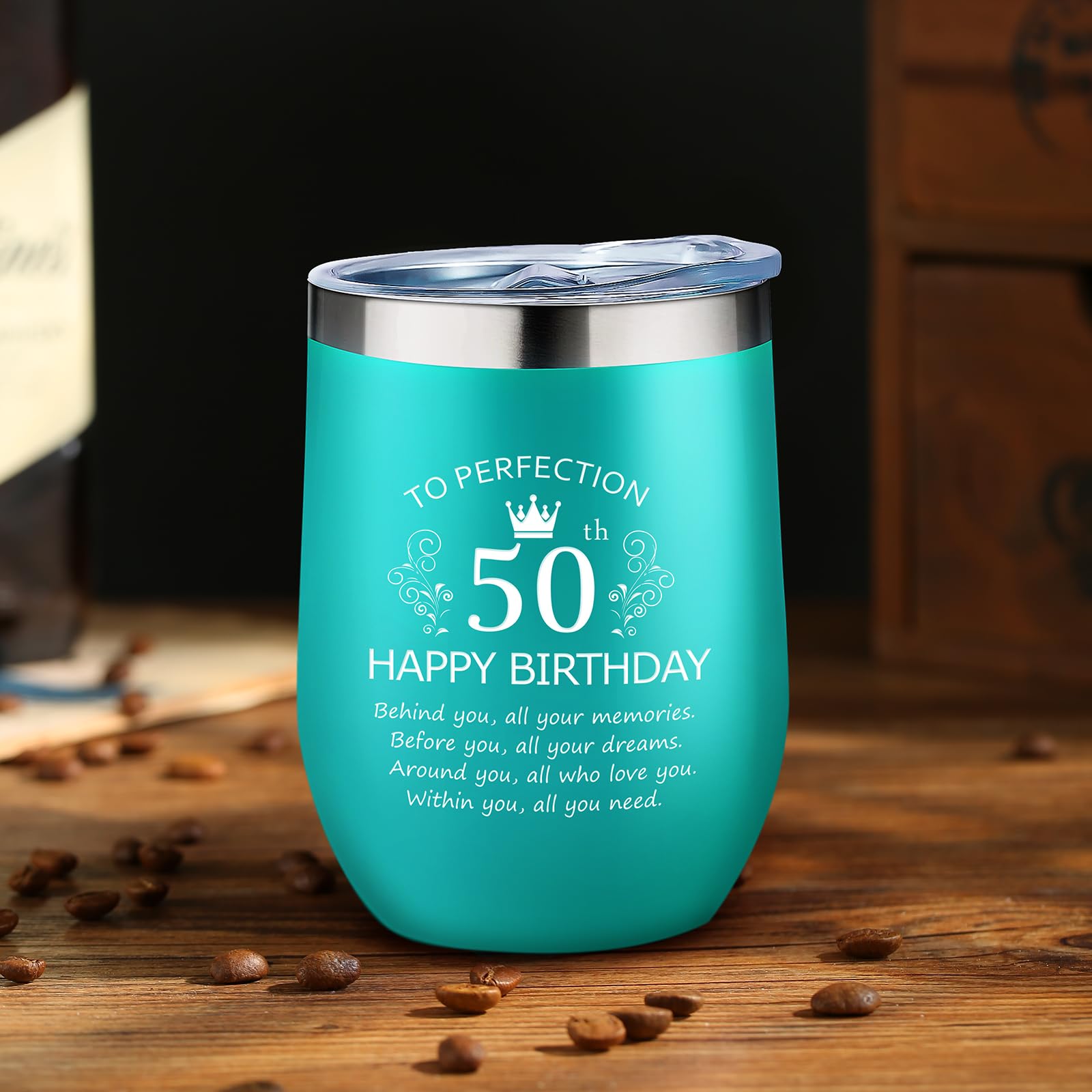 Cayourian 50th Birthday Gifts for Women, Happy 50th Birthday Decorations for Her Wife Mom Friends Coworkers BFF -12 Oz Stainless Steel Wine Tumbler with Lid (Mint)