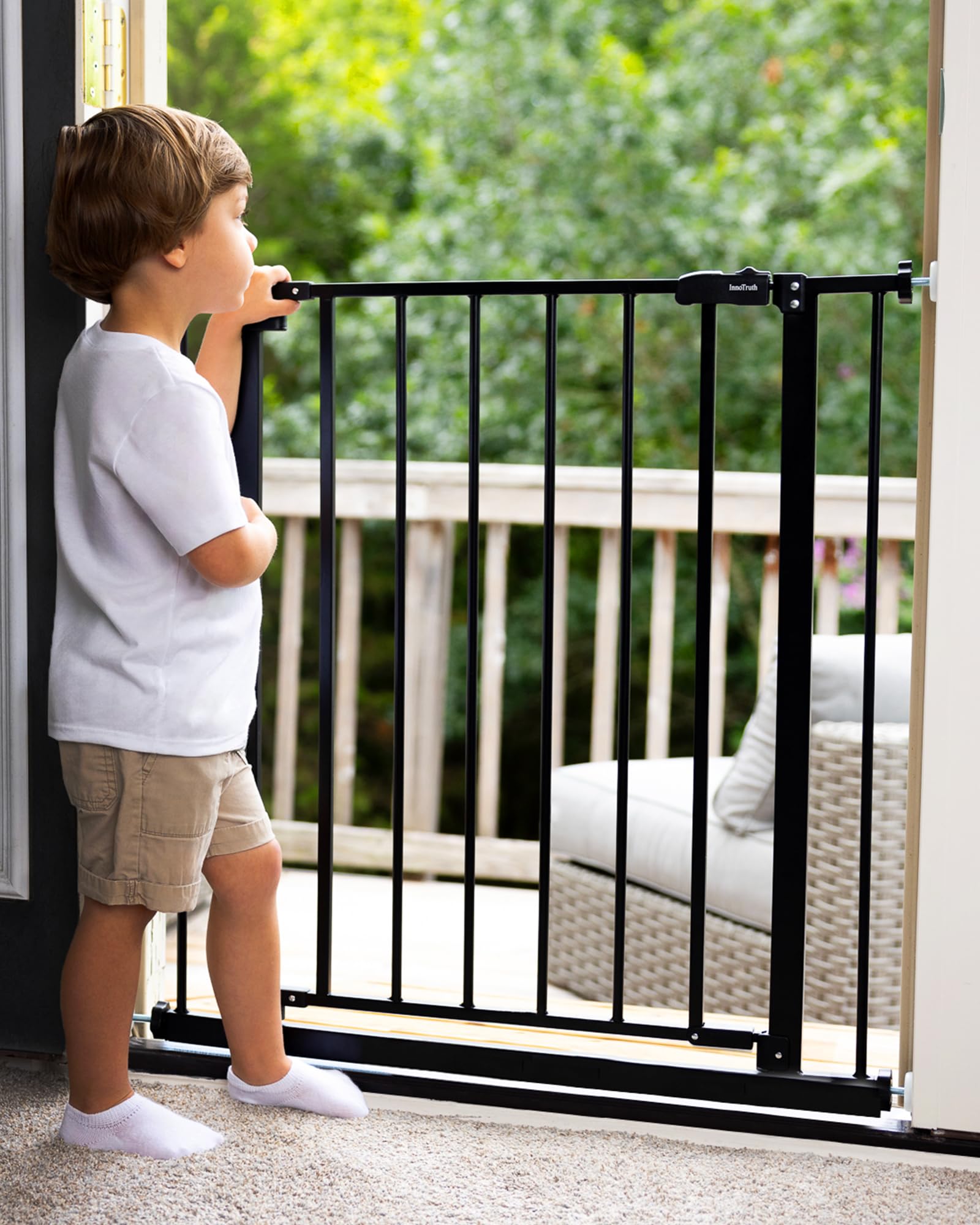 InnoTruth 28.9-42.1" Wide Baby Gate for Stairs, 30" Tall Dog Gates for Doorways Expandable One-Hand Open, Easy Walk Through Dual Lock Metal Pet Gates for Dogs, Black-Family & Mom's Choice Award Winner