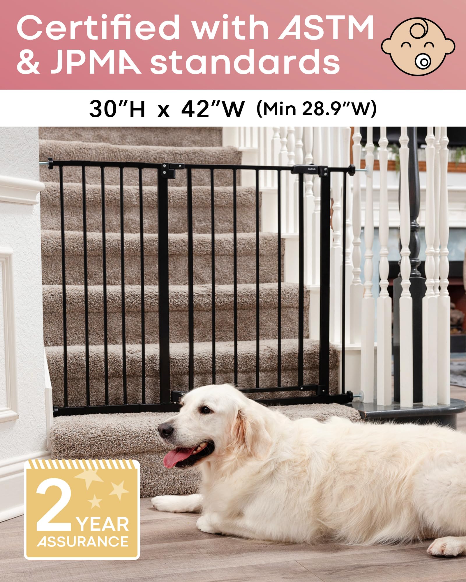 InnoTruth 28.9-42.1" Wide Baby Gate for Stairs, 30" Tall Dog Gates for Doorways Expandable One-Hand Open, Easy Walk Through Dual Lock Metal Pet Gates for Dogs, Black-Family & Mom's Choice Award Winner