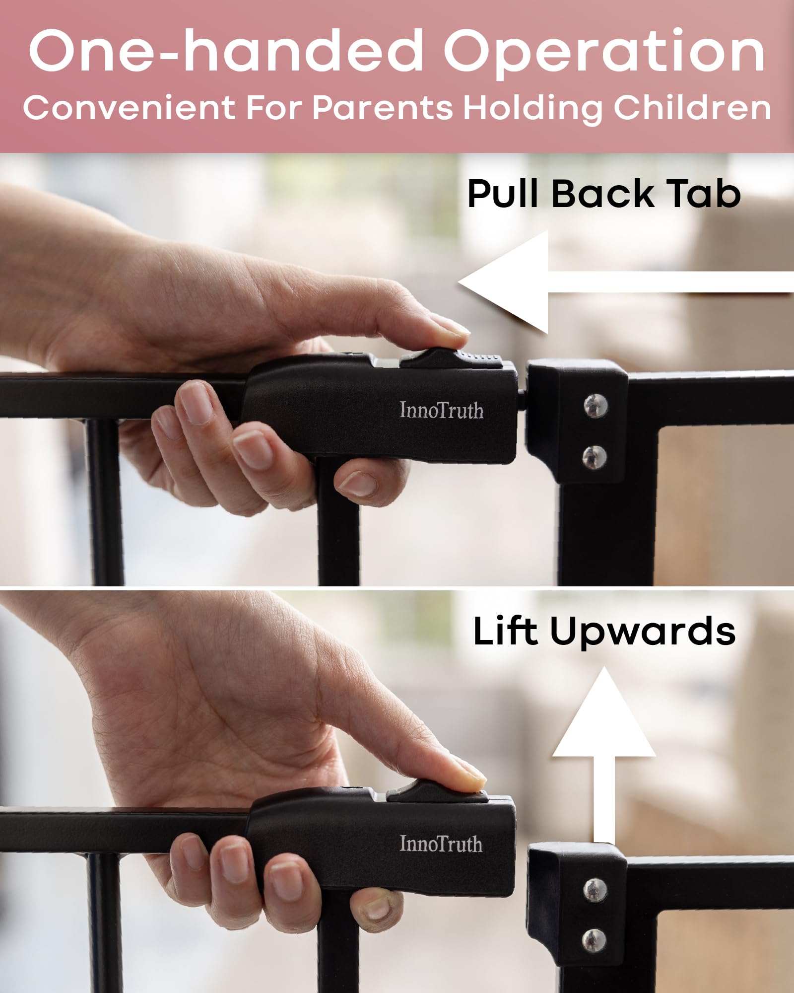 InnoTruth 28.9-42.1" Wide Baby Gate for Stairs, 30" Tall Dog Gates for Doorways Expandable One-Hand Open, Easy Walk Through Dual Lock Metal Pet Gates for Dogs, Black-Family & Mom's Choice Award Winner