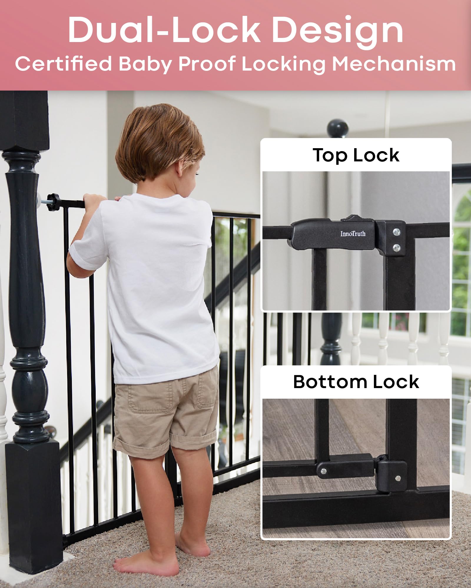 InnoTruth 28.9-42.1" Wide Baby Gate for Stairs, 30" Tall Dog Gates for Doorways Expandable One-Hand Open, Easy Walk Through Dual Lock Metal Pet Gates for Dogs, Black-Family & Mom's Choice Award Winner