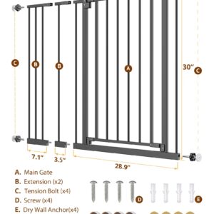 InnoTruth 28.9-42.1" Wide Baby Gate for Stairs, 30" Tall Dog Gates for Doorways Expandable One-Hand Open, Easy Walk Through Dual Lock Metal Pet Gates for Dogs, Black-Family & Mom's Choice Award Winner