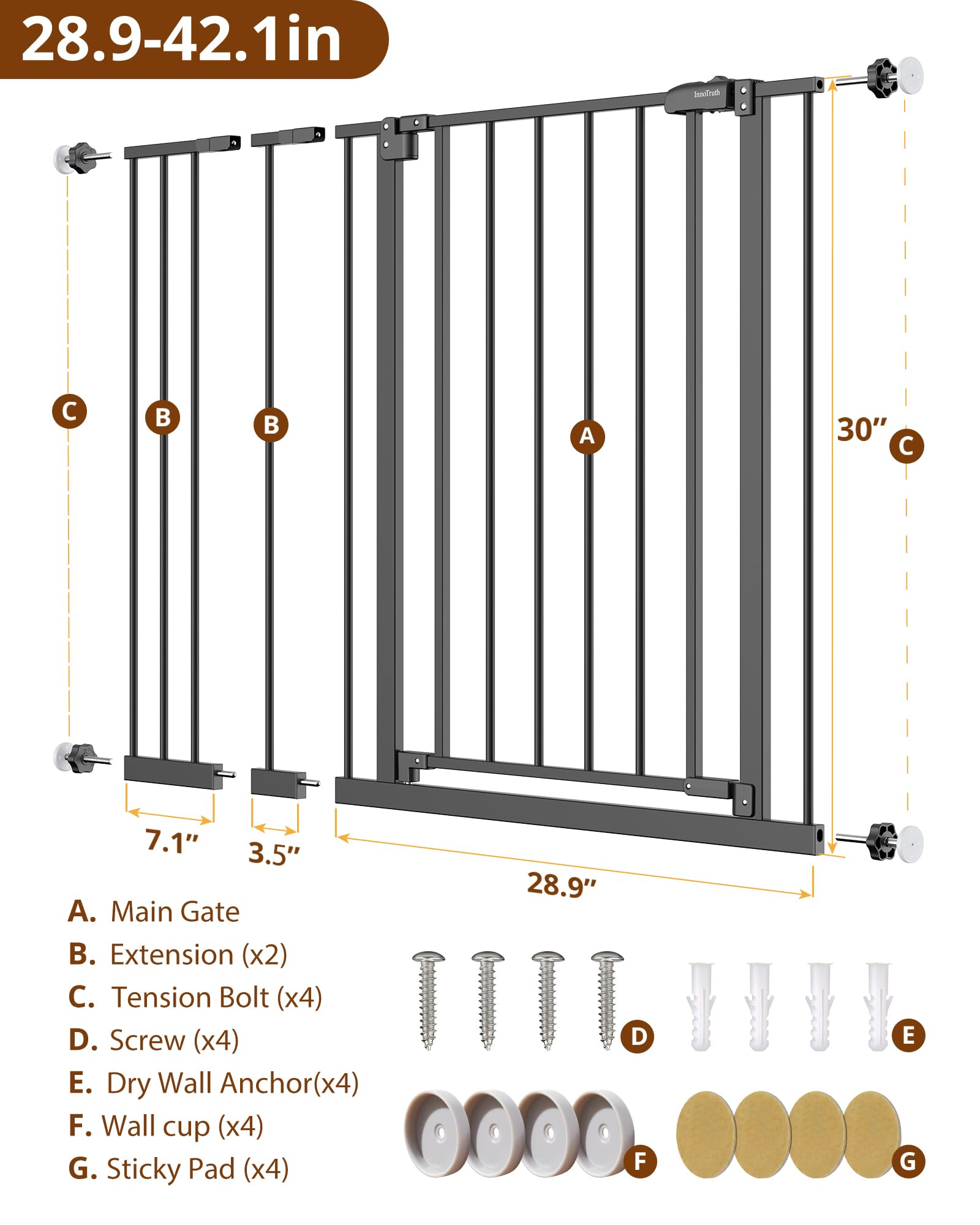 InnoTruth 28.9-42.1" Wide Baby Gate for Stairs, 30" Tall Dog Gates for Doorways Expandable One-Hand Open, Easy Walk Through Dual Lock Metal Pet Gates for Dogs, Black-Family & Mom's Choice Award Winner