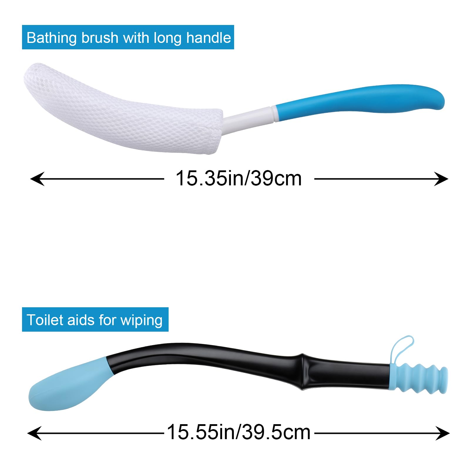 QUUREN Toilet Aids for Wiping, 15" Long Reach Butt Wiper Bath Brush Set Comfort Bottom Buddy Wiping Aid Self Wipe Bathroom Tools for Disabled, Elderly, Pregnant and Physically Challenged 2Pcs