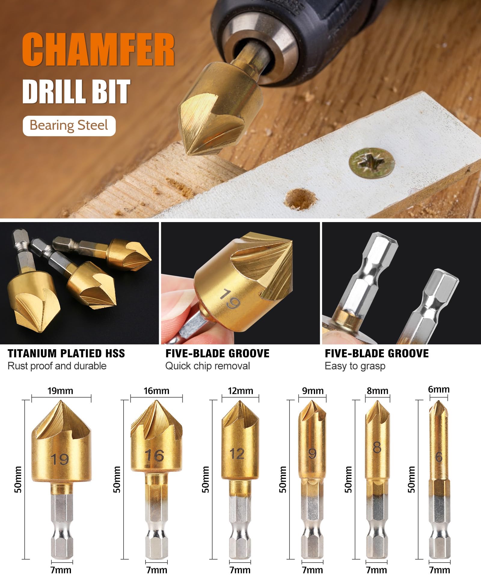 35 Pack Woodworking Chamfer Drilling Tools, 7pcs Countersink Drill Bit Set, 3pcs High Speed Steel Step Drill Bits, 6pcs Chamfer Drill Bit, 8pcs Wood Plug Cutter, 1 Automatic Center Punch for Wood, Met