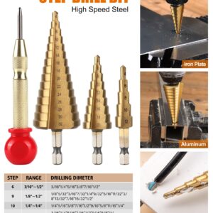 35 Pack Woodworking Chamfer Drilling Tools, 7pcs Countersink Drill Bit Set, 3pcs High Speed Steel Step Drill Bits, 6pcs Chamfer Drill Bit, 8pcs Wood Plug Cutter, 1 Automatic Center Punch for Wood, Met