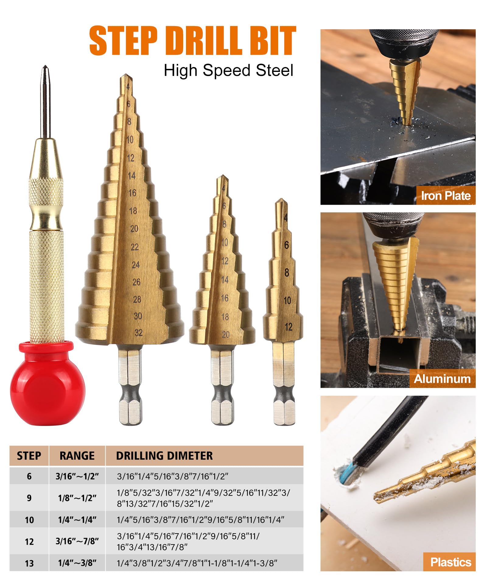 35 Pack Woodworking Chamfer Drilling Tools, 7pcs Countersink Drill Bit Set, 3pcs High Speed Steel Step Drill Bits, 6pcs Chamfer Drill Bit, 8pcs Wood Plug Cutter, 1 Automatic Center Punch for Wood, Met