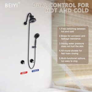 BEIYI 2 Handle Shower Faucet Set, Matte Black 5 Mode Shower Faucet Sets Complete Two Handle Shower Head and Handle Set Bathroom Shower Trim Kit with Rough-in Valve