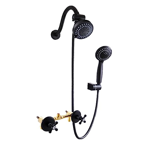 BEIYI 2 Handle Shower Faucet Set, Matte Black 5 Mode Shower Faucet Sets Complete Two Handle Shower Head and Handle Set Bathroom Shower Trim Kit with Rough-in Valve