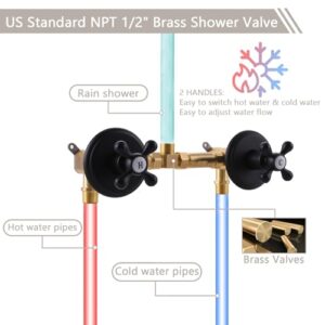 BEIYI 2 Handle Shower Faucet Set, Matte Black 5 Mode Shower Faucet Sets Complete Two Handle Shower Head and Handle Set Bathroom Shower Trim Kit with Rough-in Valve