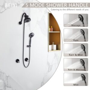 BEIYI 2 Handle Shower Faucet Set, Matte Black 5 Mode Shower Faucet Sets Complete Two Handle Shower Head and Handle Set Bathroom Shower Trim Kit with Rough-in Valve