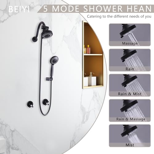 BEIYI 2 Handle Shower Faucet Set, Matte Black 5 Mode Shower Faucet Sets Complete Two Handle Shower Head and Handle Set Bathroom Shower Trim Kit with Rough-in Valve