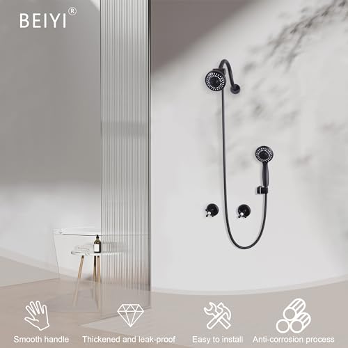 BEIYI 2 Handle Shower Faucet Set, Matte Black 5 Mode Shower Faucet Sets Complete Two Handle Shower Head and Handle Set Bathroom Shower Trim Kit with Rough-in Valve