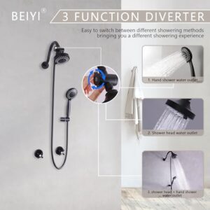 BEIYI 2 Handle Shower Faucet Set, Matte Black 5 Mode Shower Faucet Sets Complete Two Handle Shower Head and Handle Set Bathroom Shower Trim Kit with Rough-in Valve