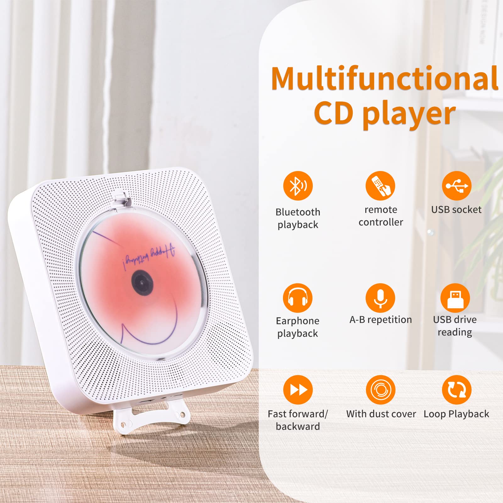 Yintiny Rechargeable Cute CD Player with Blutooth 5.0, Portable Music Player for Home Decor, Remote Control, Support AUX in Cable&USB, HiFi Bluetooth Player