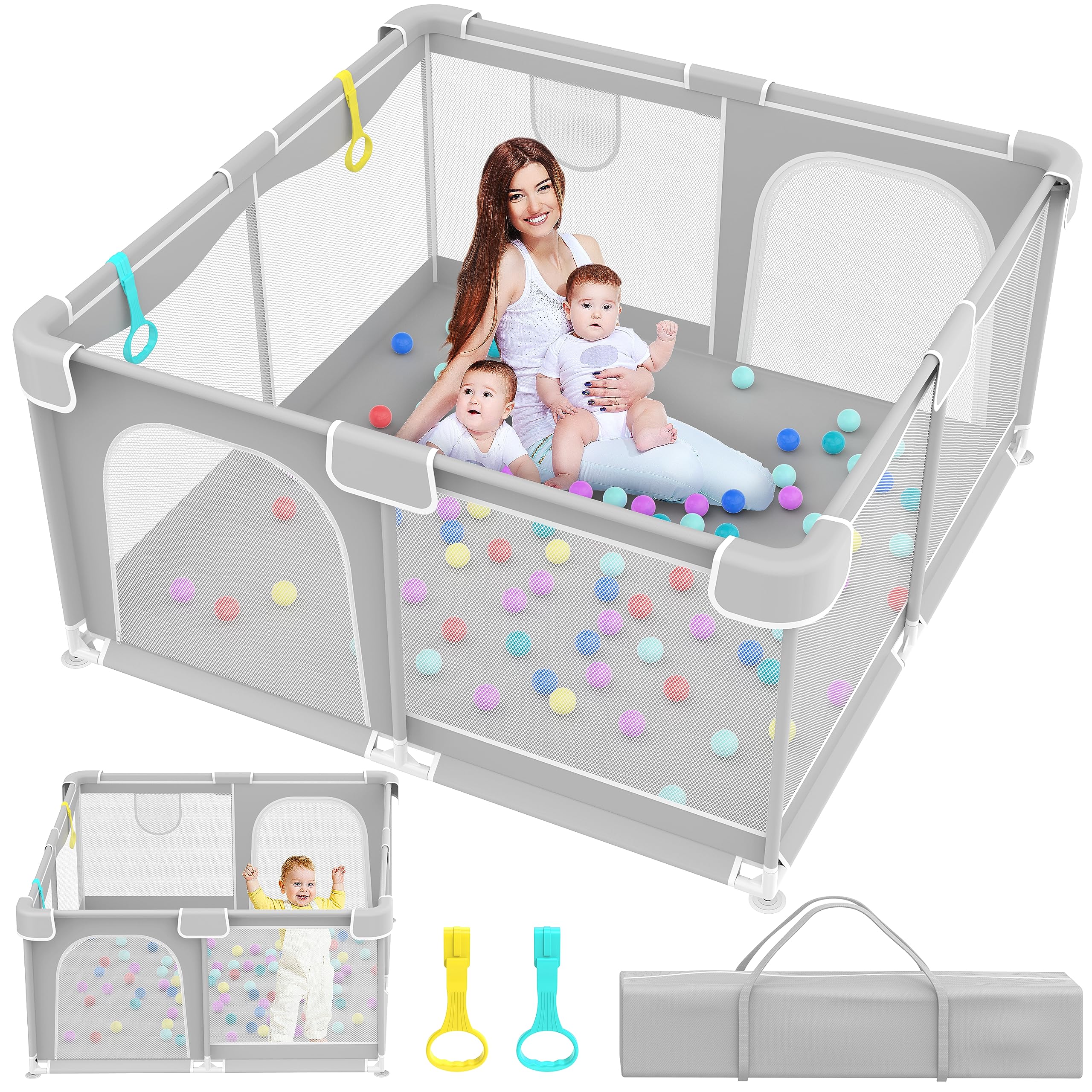 Baby Playpen, Playpen for Babies with Breathable Mesh and Zipper Gates, Indoor & Outdoor Play Pens for Kids Activity Center with Anti-Slip Base, Sturdy Safety Playpen, Kid's Fence for Infants