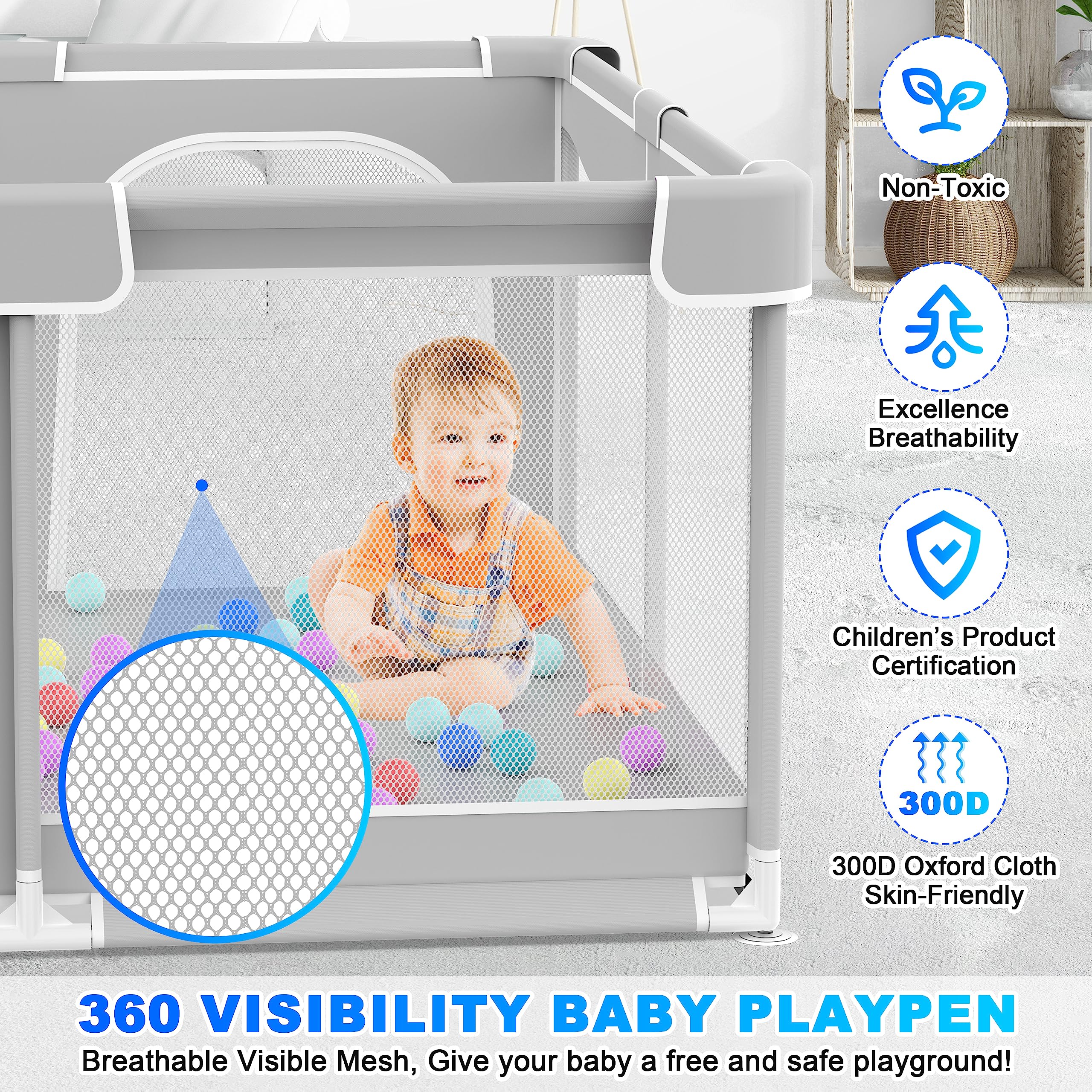 Baby Playpen, Playpen for Babies with Breathable Mesh and Zipper Gates, Indoor & Outdoor Play Pens for Kids Activity Center with Anti-Slip Base, Sturdy Safety Playpen, Kid's Fence for Infants