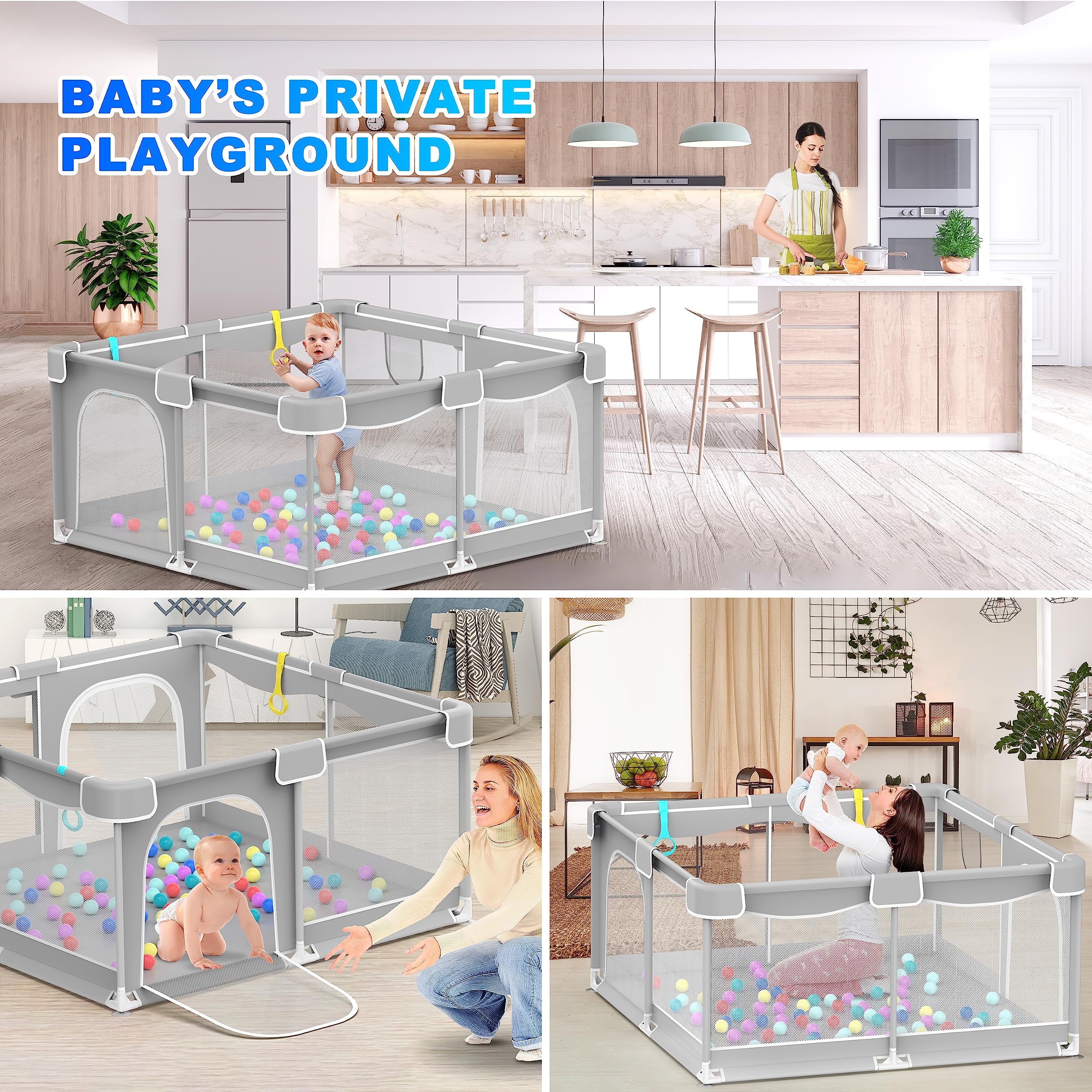 Baby Playpen, Playpen for Babies with Breathable Mesh and Zipper Gates, Indoor & Outdoor Play Pens for Kids Activity Center with Anti-Slip Base, Sturdy Safety Playpen, Kid's Fence for Infants