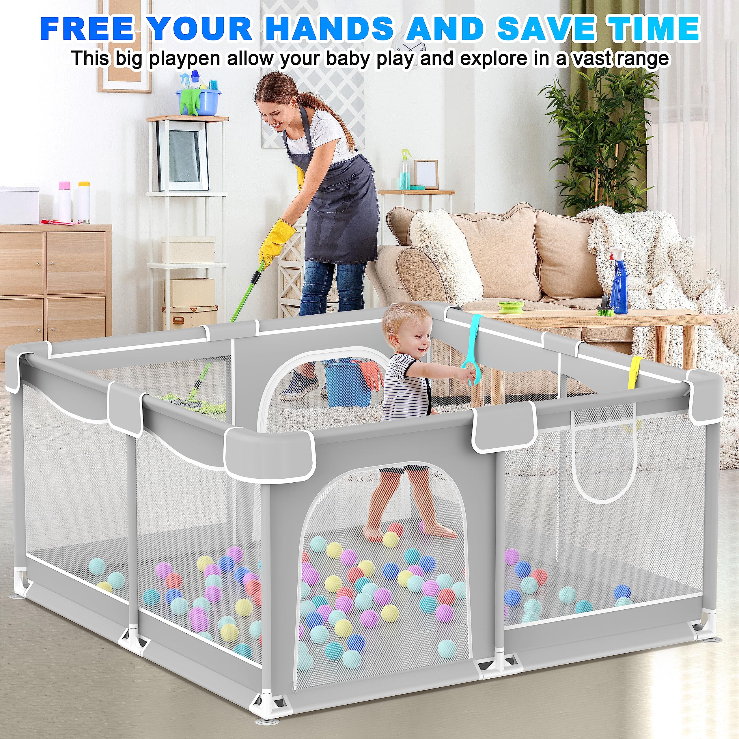 Baby Playpen, Playpen for Babies with Breathable Mesh and Zipper Gates, Indoor & Outdoor Play Pens for Kids Activity Center with Anti-Slip Base, Sturdy Safety Playpen, Kid's Fence for Infants