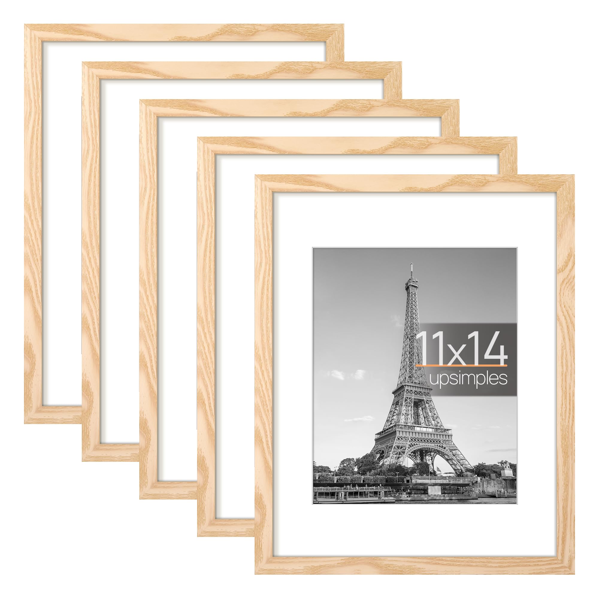 upsimples 11x14 Picture Frame Set of 5, Display Pictures 8x10 with Mat or 11x14 Without Mat, Wall Gallery Photo Frames, Natural