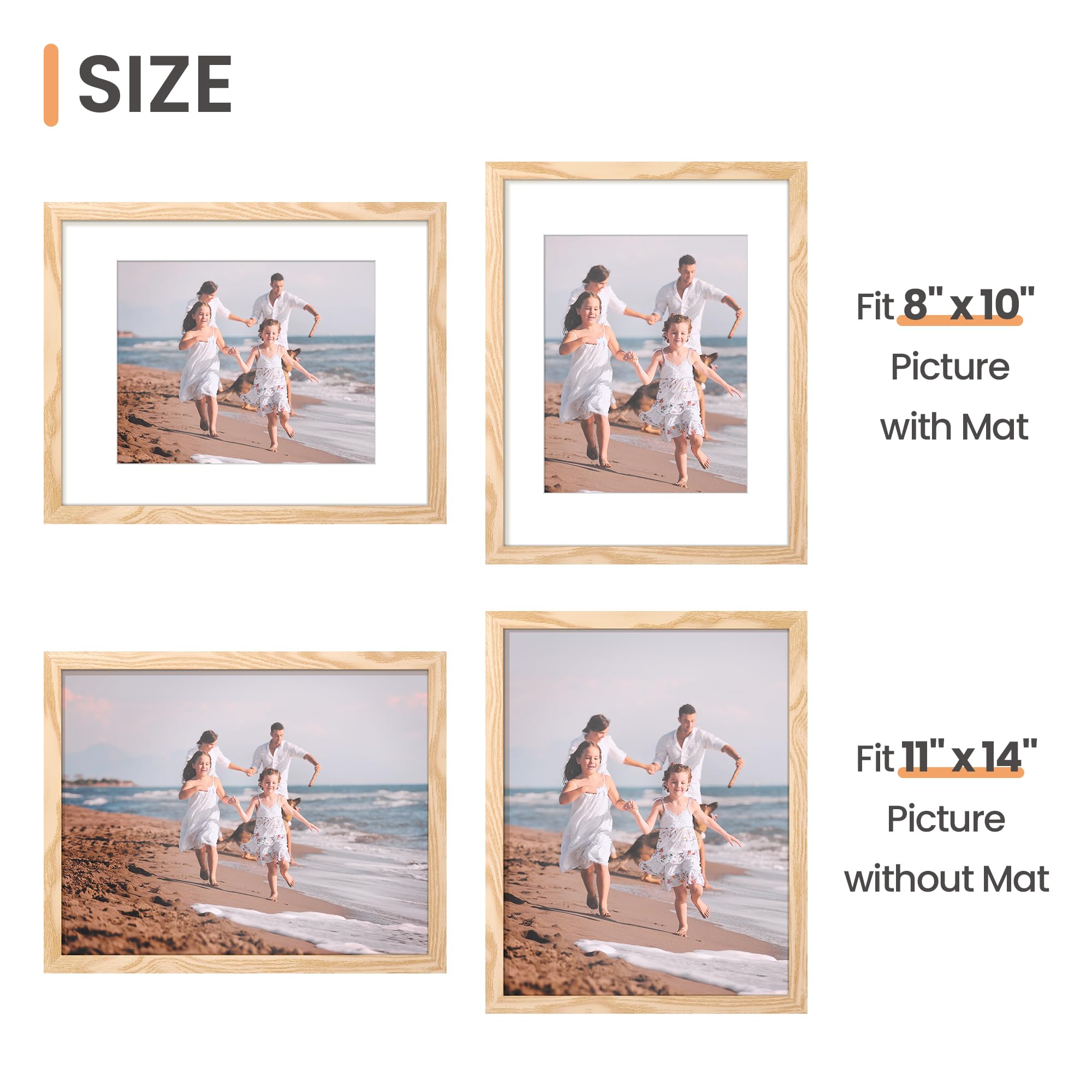 upsimples 11x14 Picture Frame Set of 5, Display Pictures 8x10 with Mat or 11x14 Without Mat, Wall Gallery Photo Frames, Natural