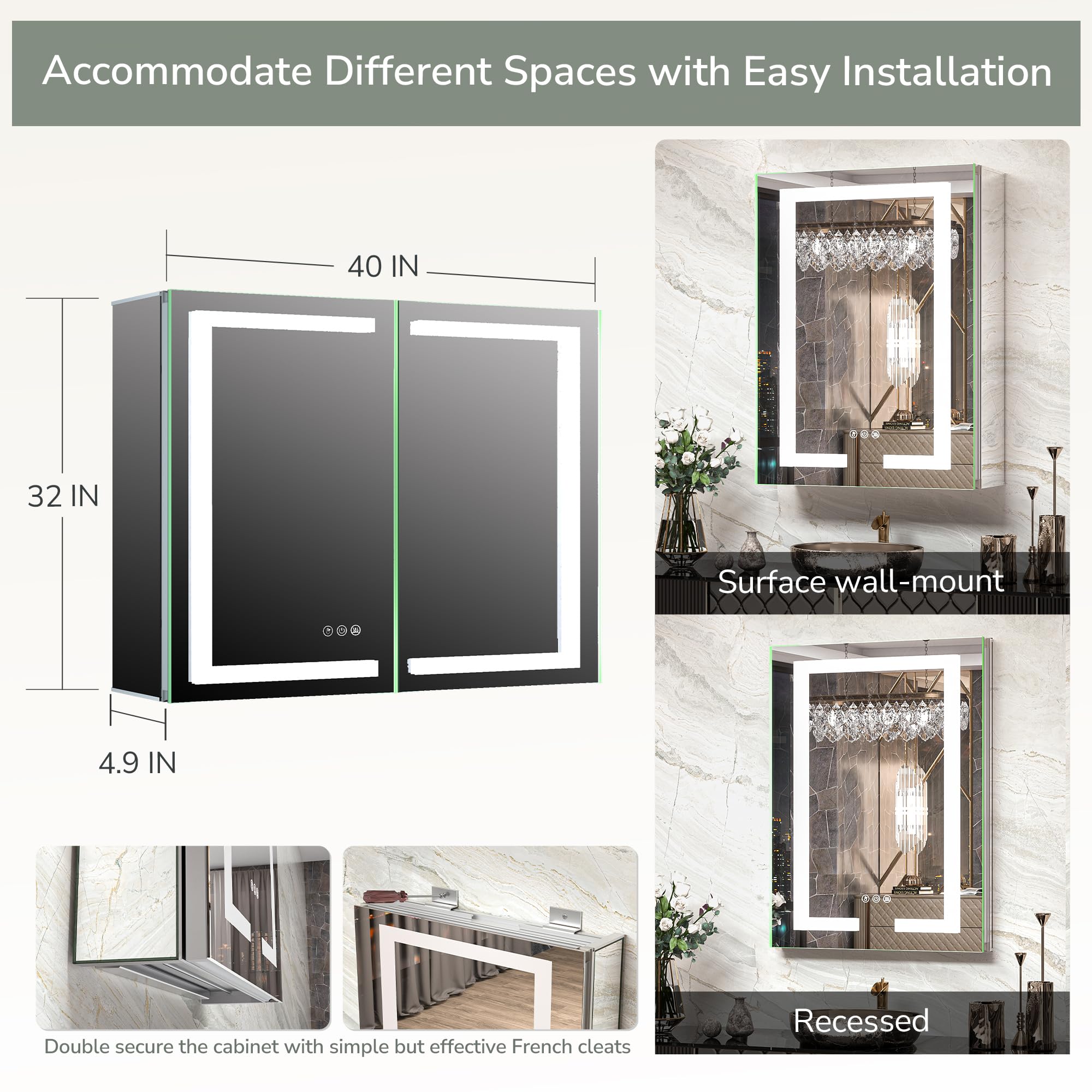 TokeShimi 40x32 Surface Mount Medicine Cabinet Mirror with Electrical Outlet, Frontlit Anti-Fog 3 Colors Temperature Dimmable Surface or Recessed Mount for Bathroom Vanity and Modern