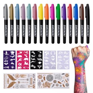 susikeki temporary tattoo markers for skin, 15 colors tattoo pen + 50 paint stencils + 43 tattoos stickers, glitter & matte & neon glow body marker set, removable fake tattoos kit for teens and adult