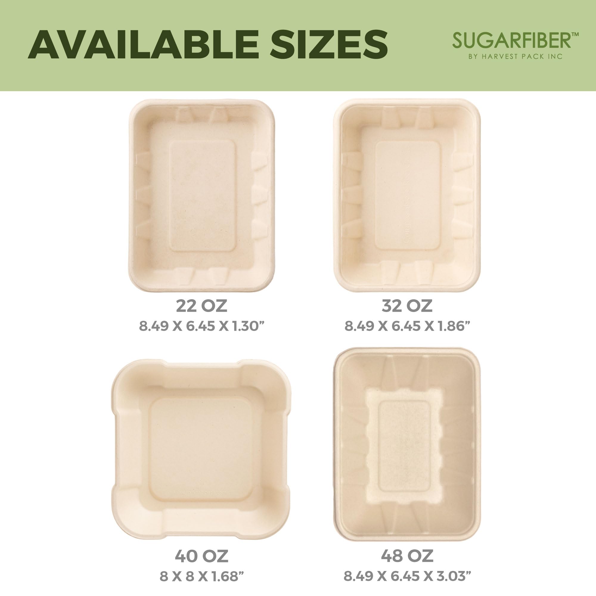 [400 Count] Sugarfiber by Harvest Pack 48 oz Compostable Disposable Food Container Serving Trays, Rectangle, Made from 100% Eco-Friendly Plant Fibers