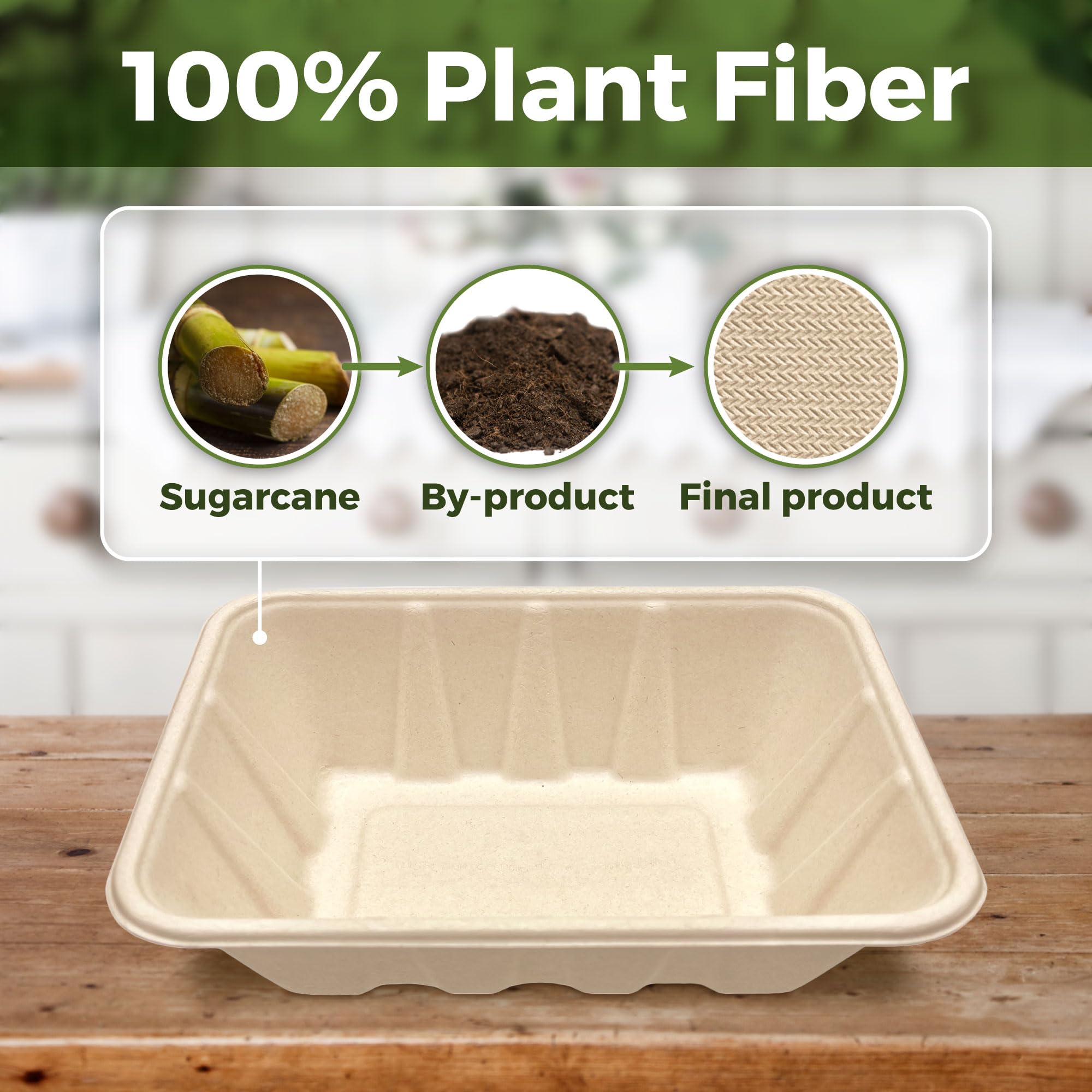 [400 Count] Sugarfiber by Harvest Pack 48 oz Compostable Disposable Food Container Serving Trays, Rectangle, Made from 100% Eco-Friendly Plant Fibers