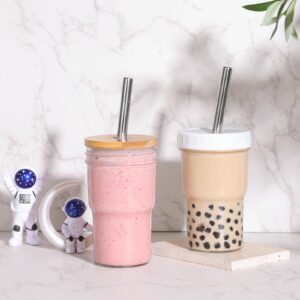 Moretoes 4pcs 16oz Glass Cups with Lids and Straws, Glass/Smoothie/Boba Cups, Reusable Glass Coffee Cups with Lids and Straw, Iced Coffee Cup