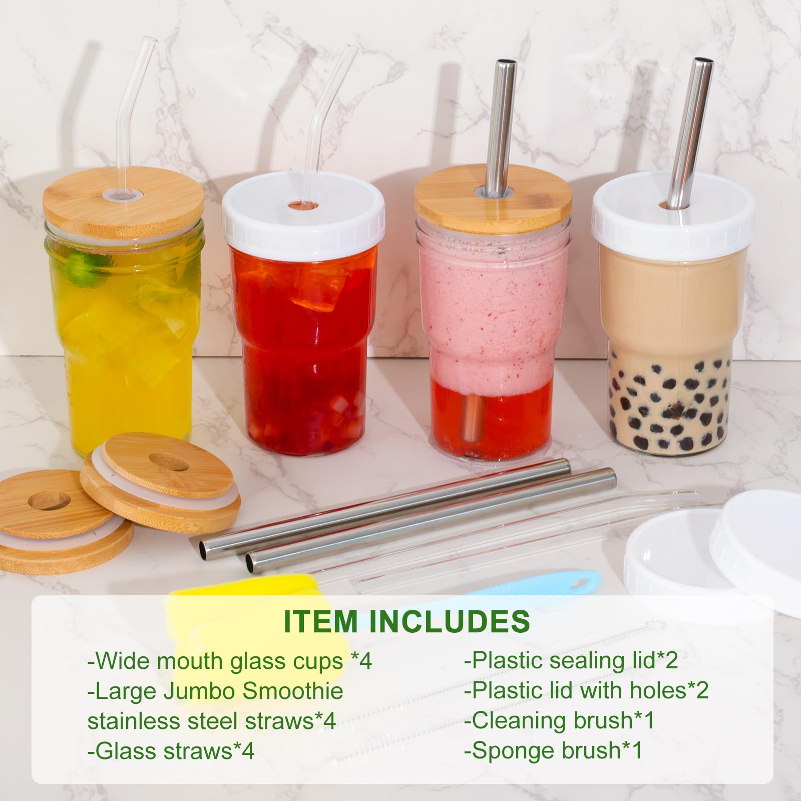 Moretoes 4pcs 16oz Glass Cups with Lids and Straws, Glass/Smoothie/Boba Cups, Reusable Glass Coffee Cups with Lids and Straw, Iced Coffee Cup